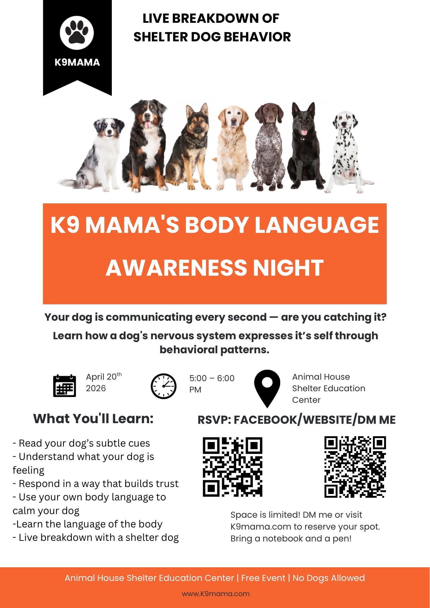 K9 Body Language Awareness Night Apr. 20, 2026 - Animal House Shelter